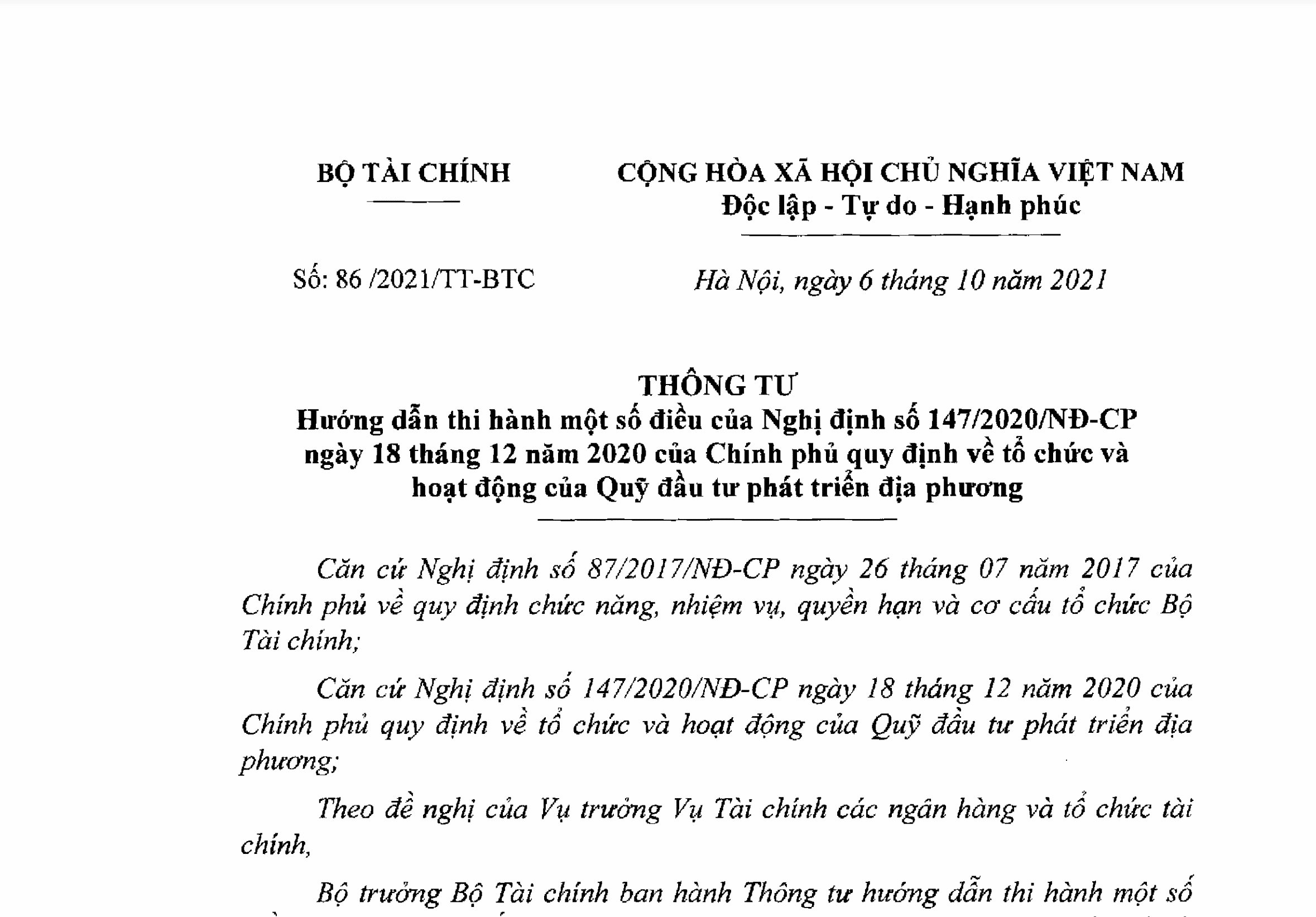 Thông tư 86/2021/TT-BTC hướng dẫn Nghị định 147/2020/NĐ-CP